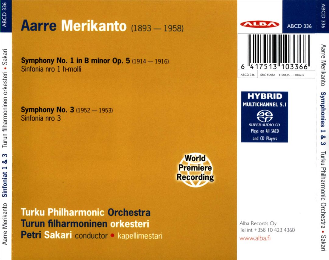 Aarre Merikanto: Symphonies Nos. 1 & 3 – Turku Philharmonic Orchestra ...
