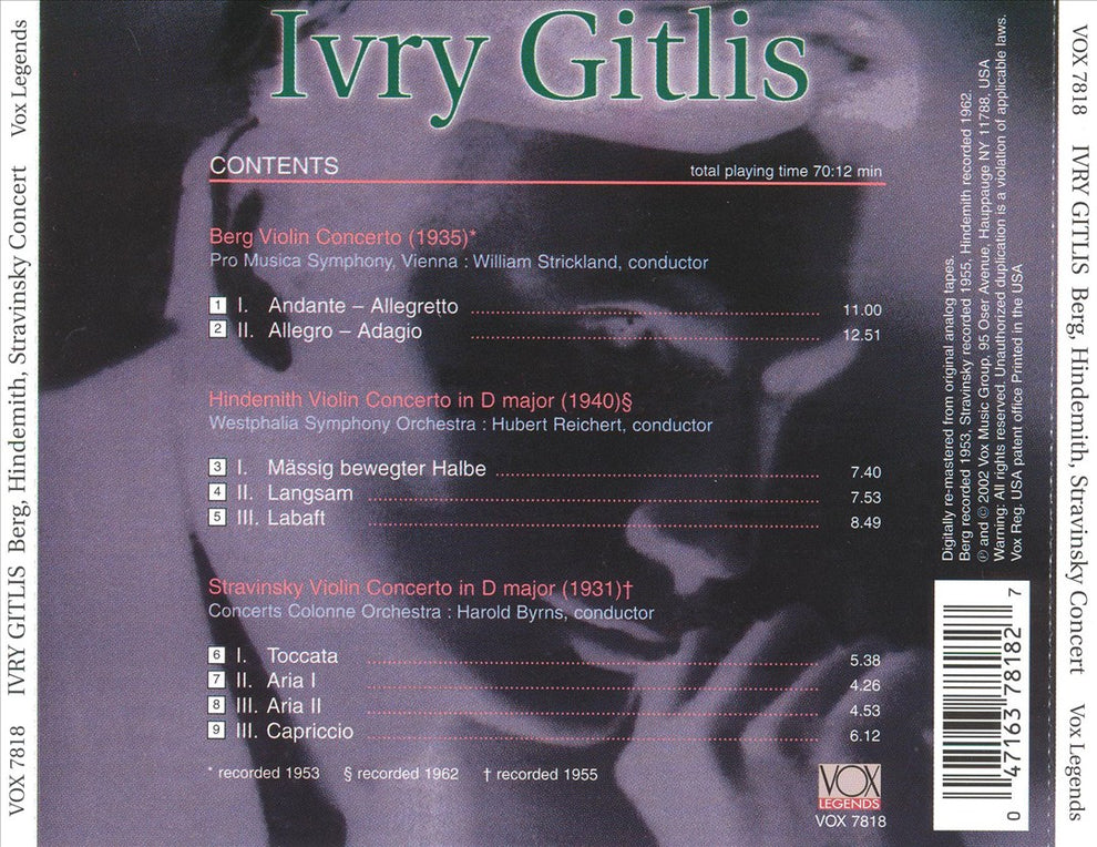 Berg, Hindemith, Stravinsky: Violin Concertos – Ivry Gitlis – MovieMars