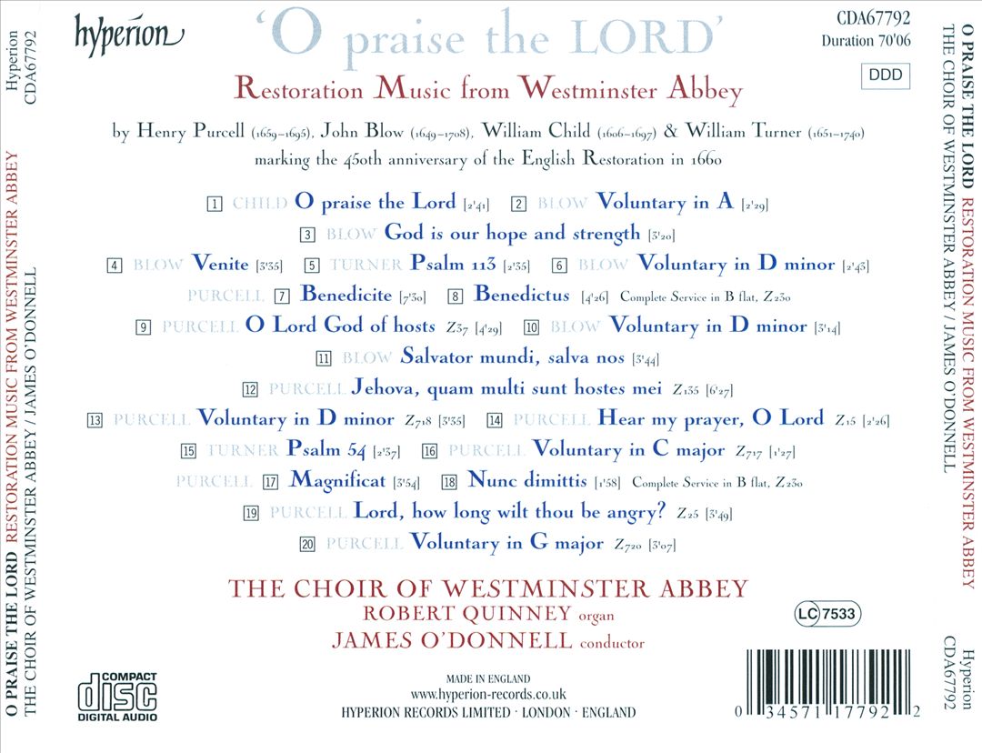 O Praise the Lord: Restoration Music from Westminster Abbey – Choir of ...